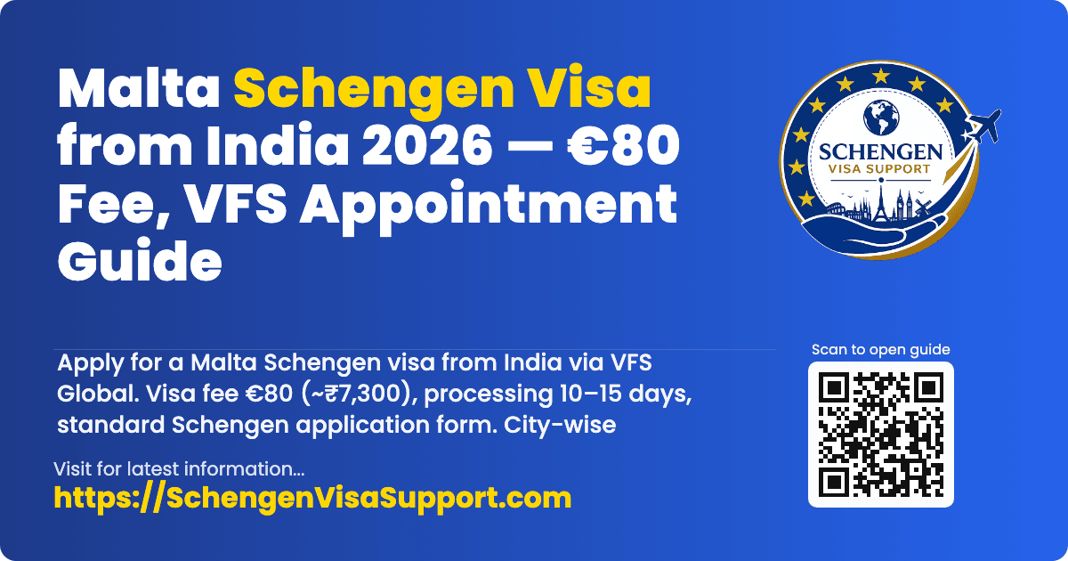Malta Schengen Visa from India 2026: €90 (~₹8,200), VFS Appointment Guide